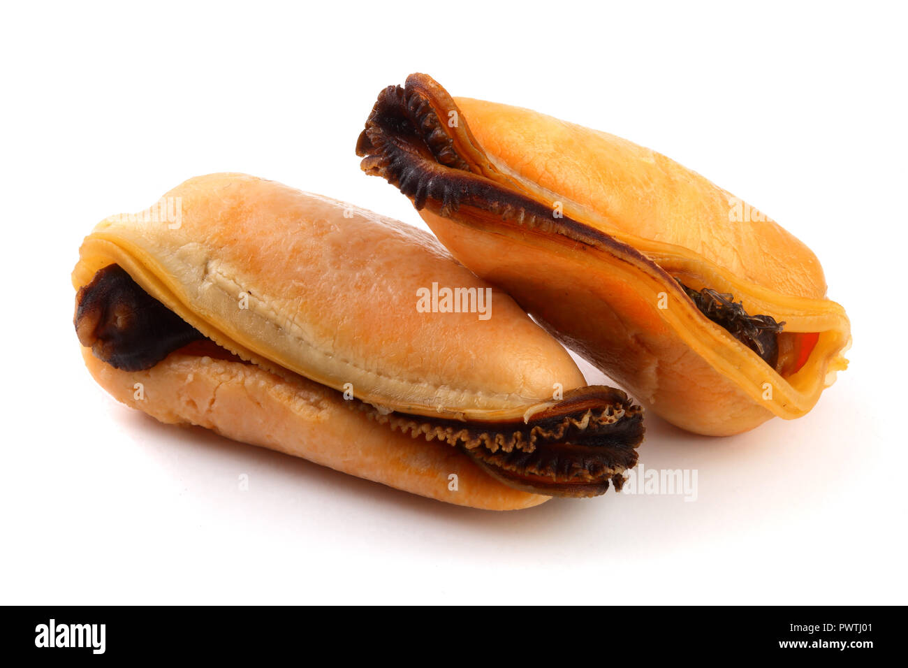 two mussel without shell isolated on white background Stock Photo - Alamy