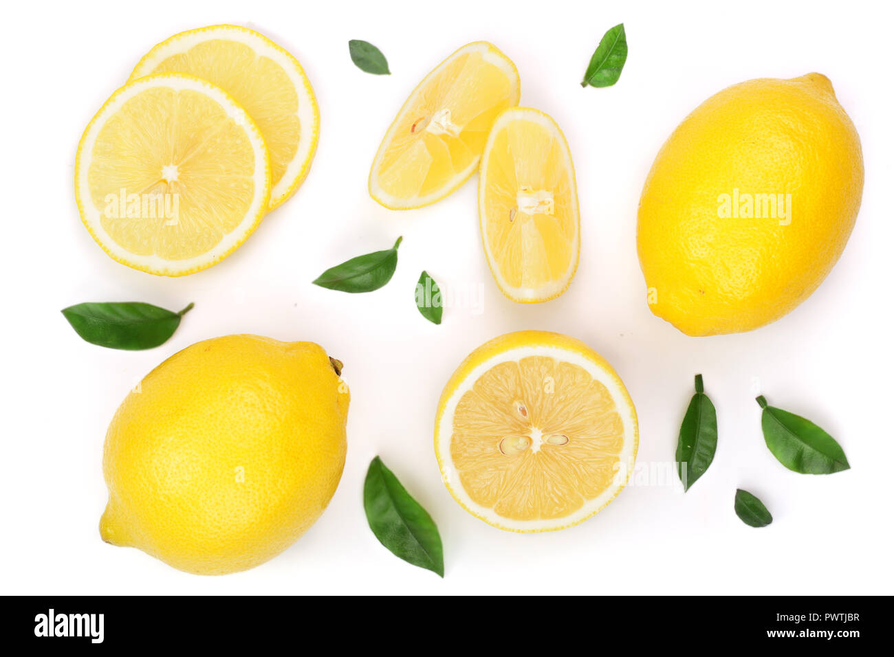 lemon and slices with leaf isolated on white background. Flat lay, top ...