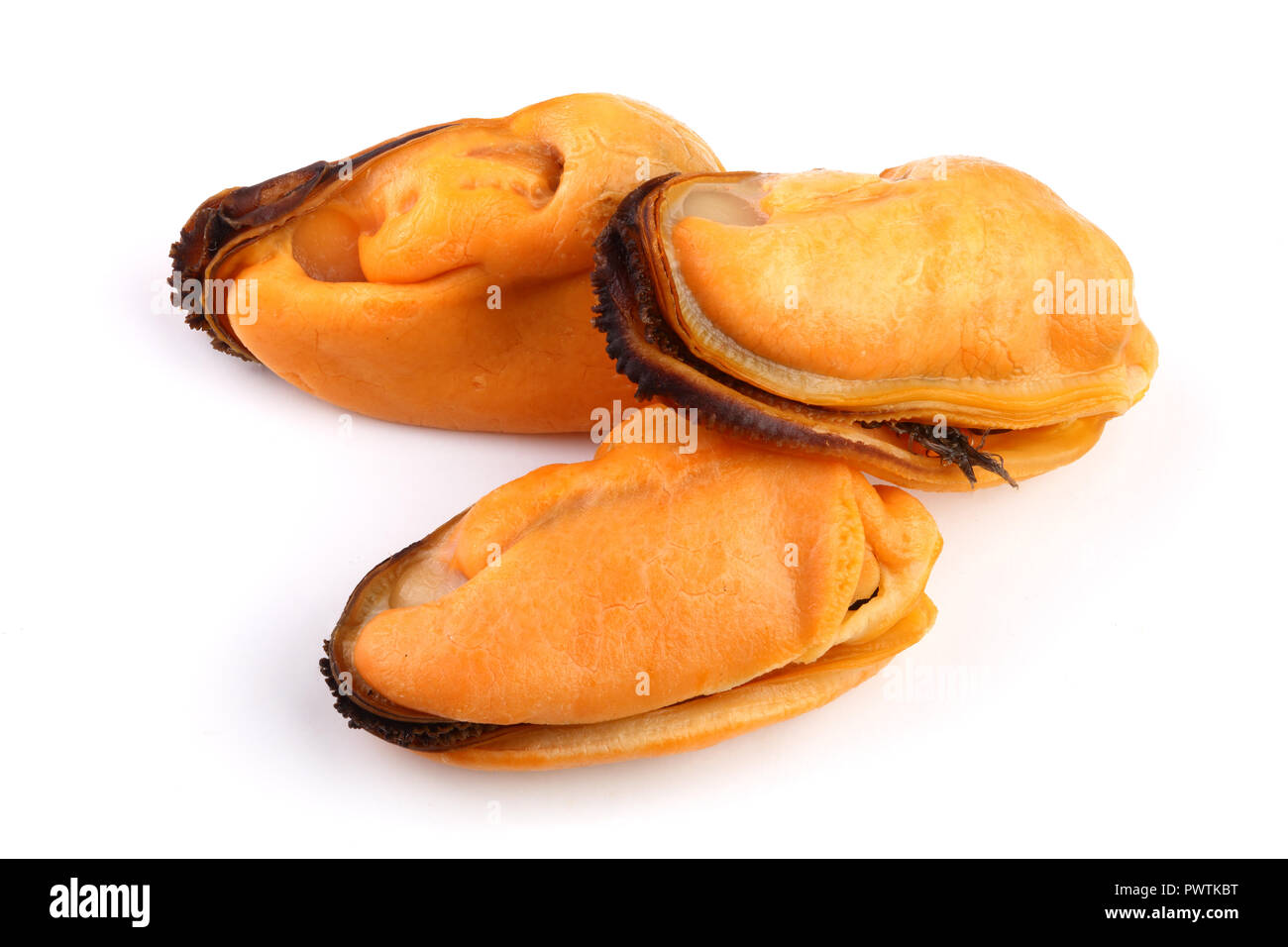 three mussel without shell isolated on white background Stock Photo - Alamy