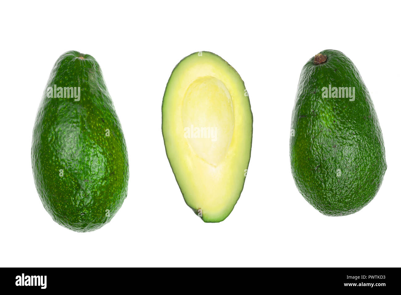 whole and half avocado isolated on white background close-up. Top view ...