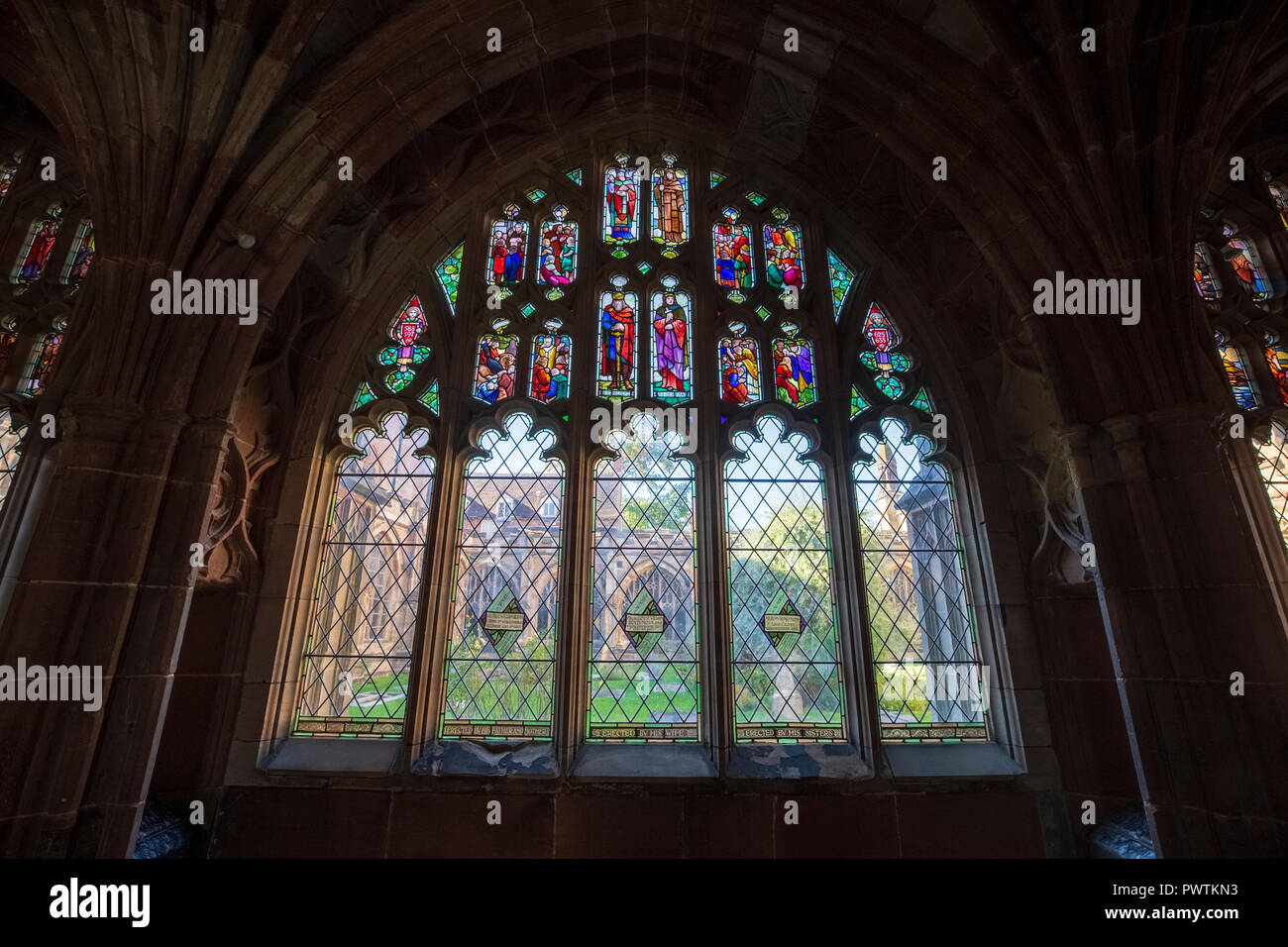 A stained glass window in Worcester Cathedral Cloisters, Worcestershire ...