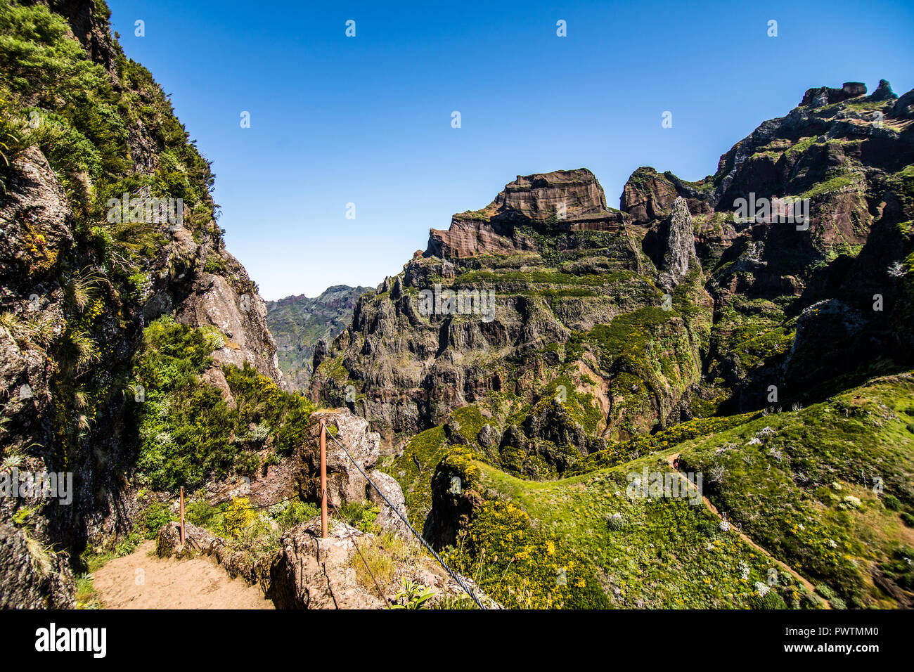 Colorful mountain ridge path with volcanic formations beside, Pico do ...