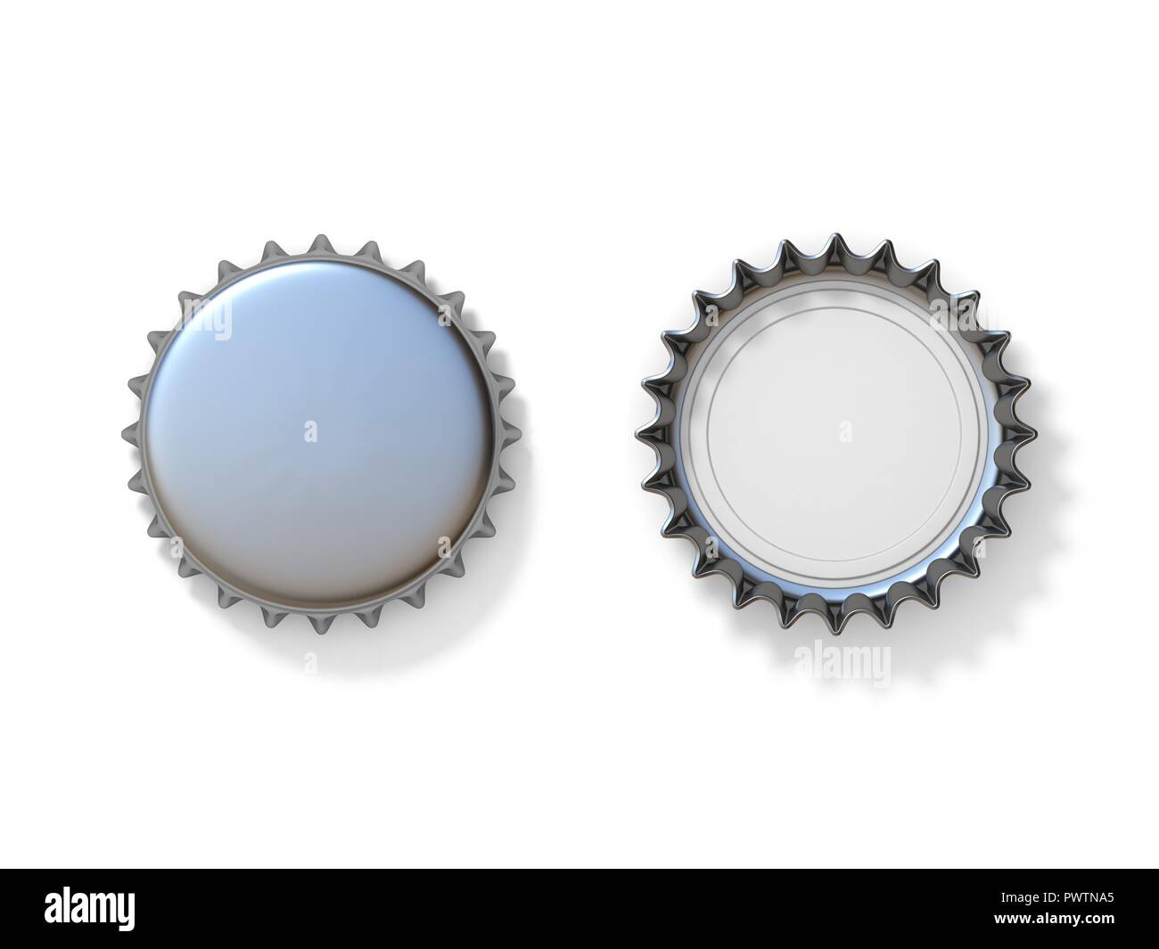 Silver bottle caps 3D render illustration isolated on white background ...