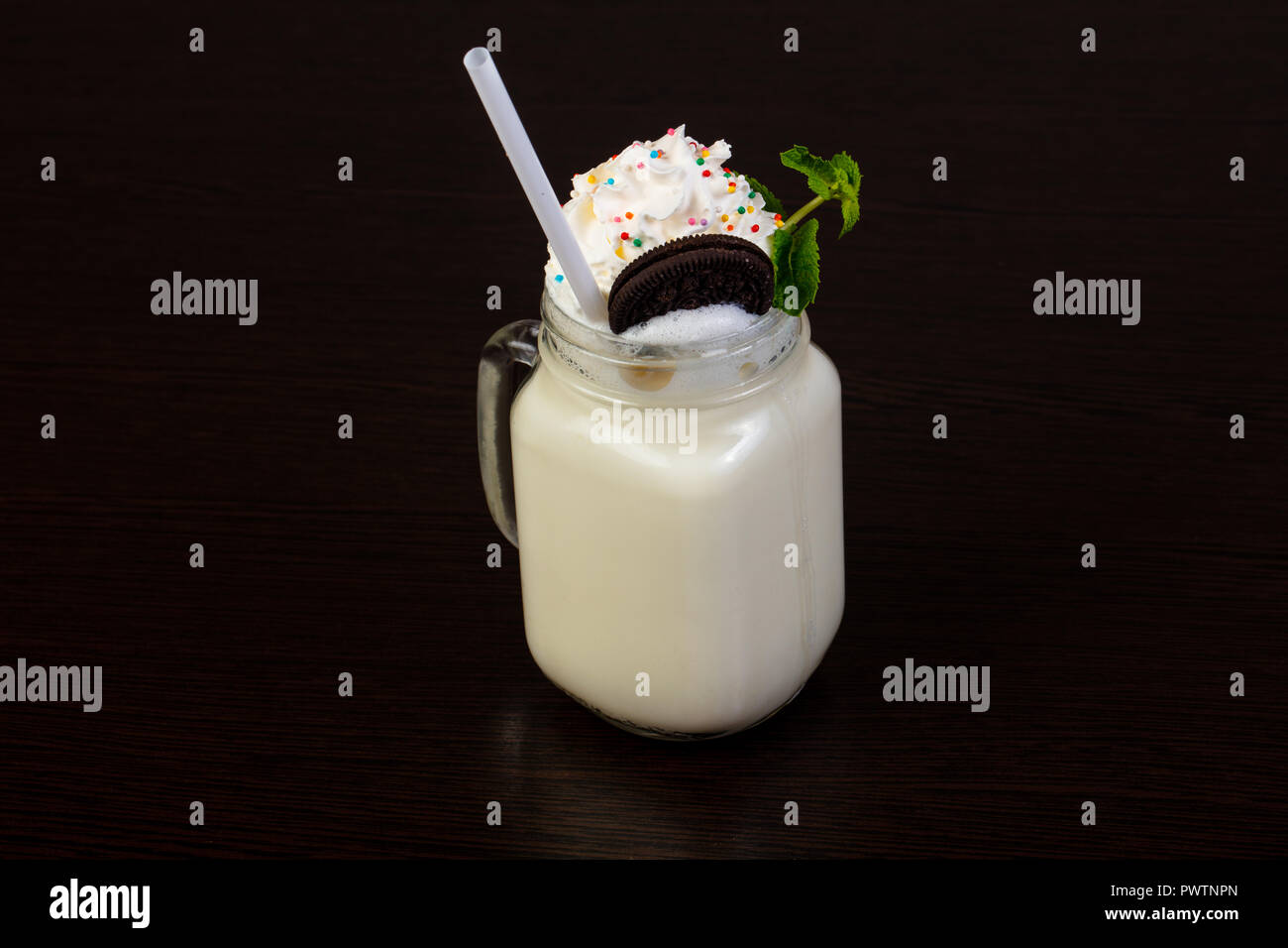 Sweet milk cocktail in the can Stock Photo - Alamy