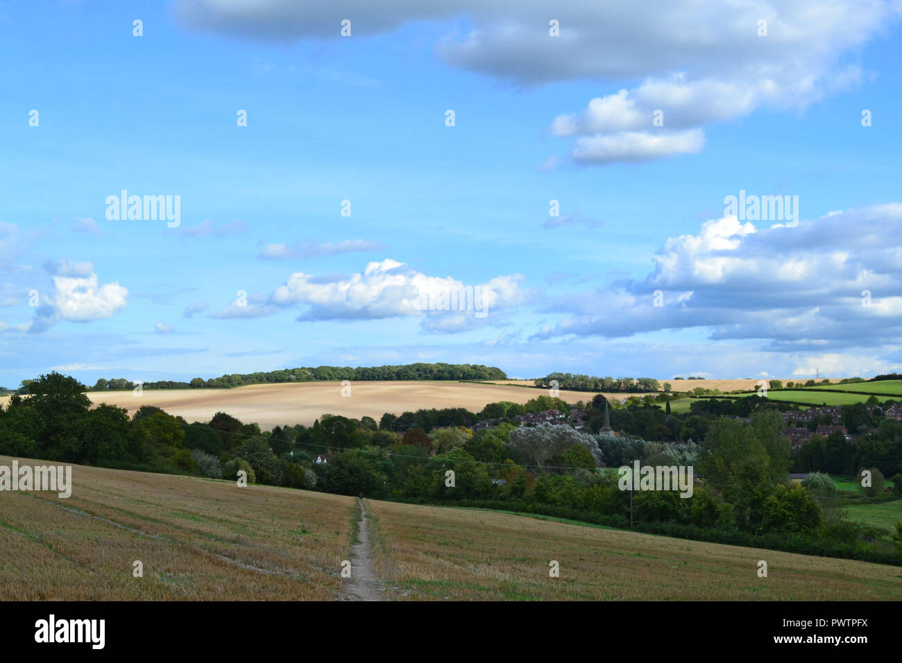Eynsford village and North Downs. Pictured from path to Lullingstone ...