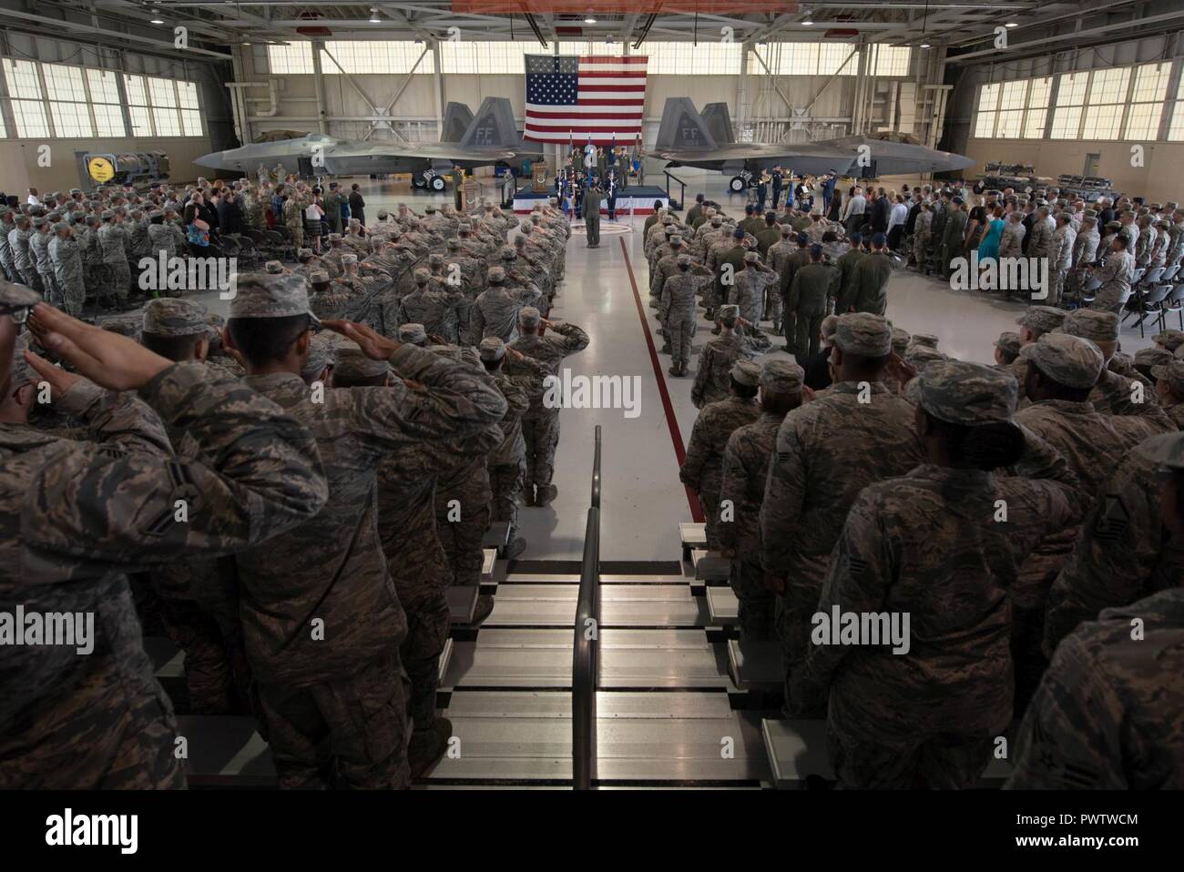 Airmen attend the 1st Fighter Wing change of command, where U.S. Air ...