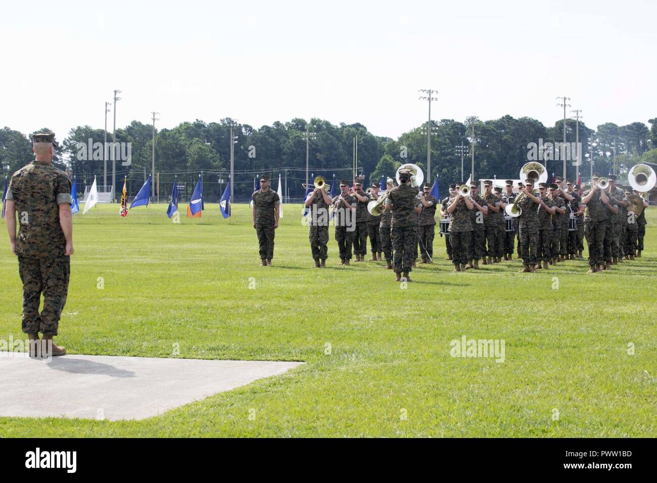 U.S. Marines with the 2nd Marine Aircraft Wing Band march onto the ...