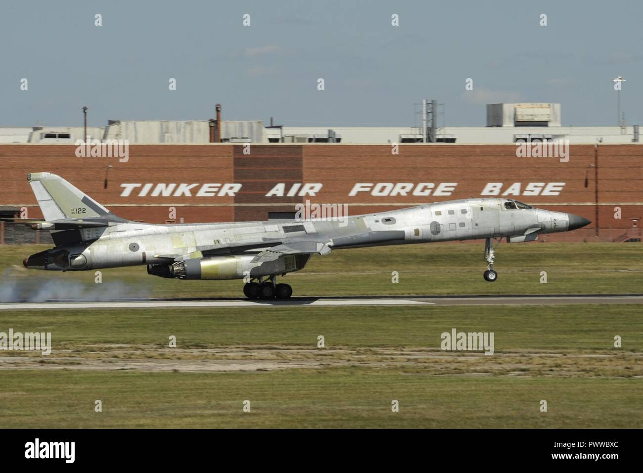A mostly natural metal Boeing B-1B Lancer is shown moments after the ...