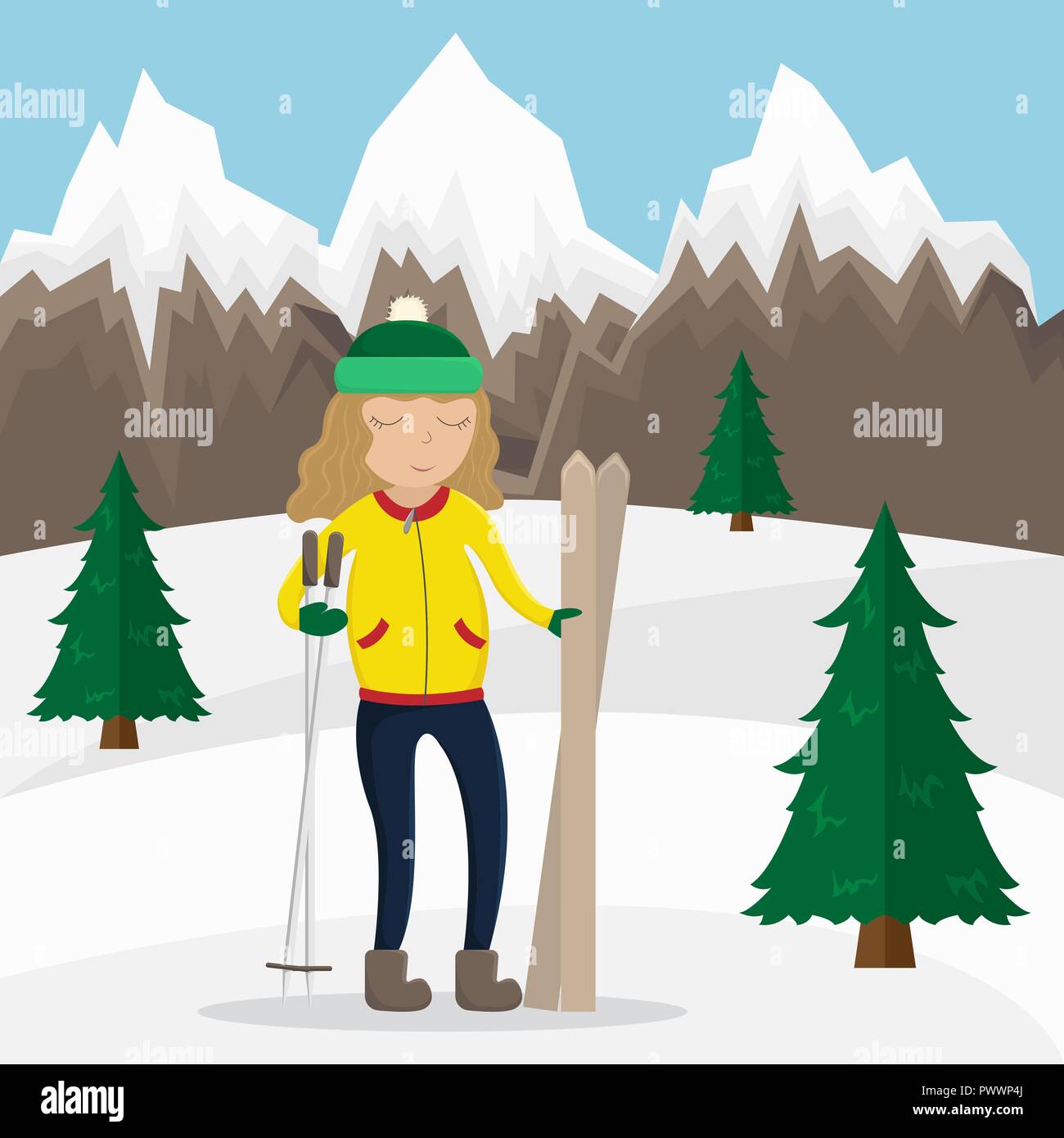 Girl in winter clothes with skis in hand. Flat winter vector ...