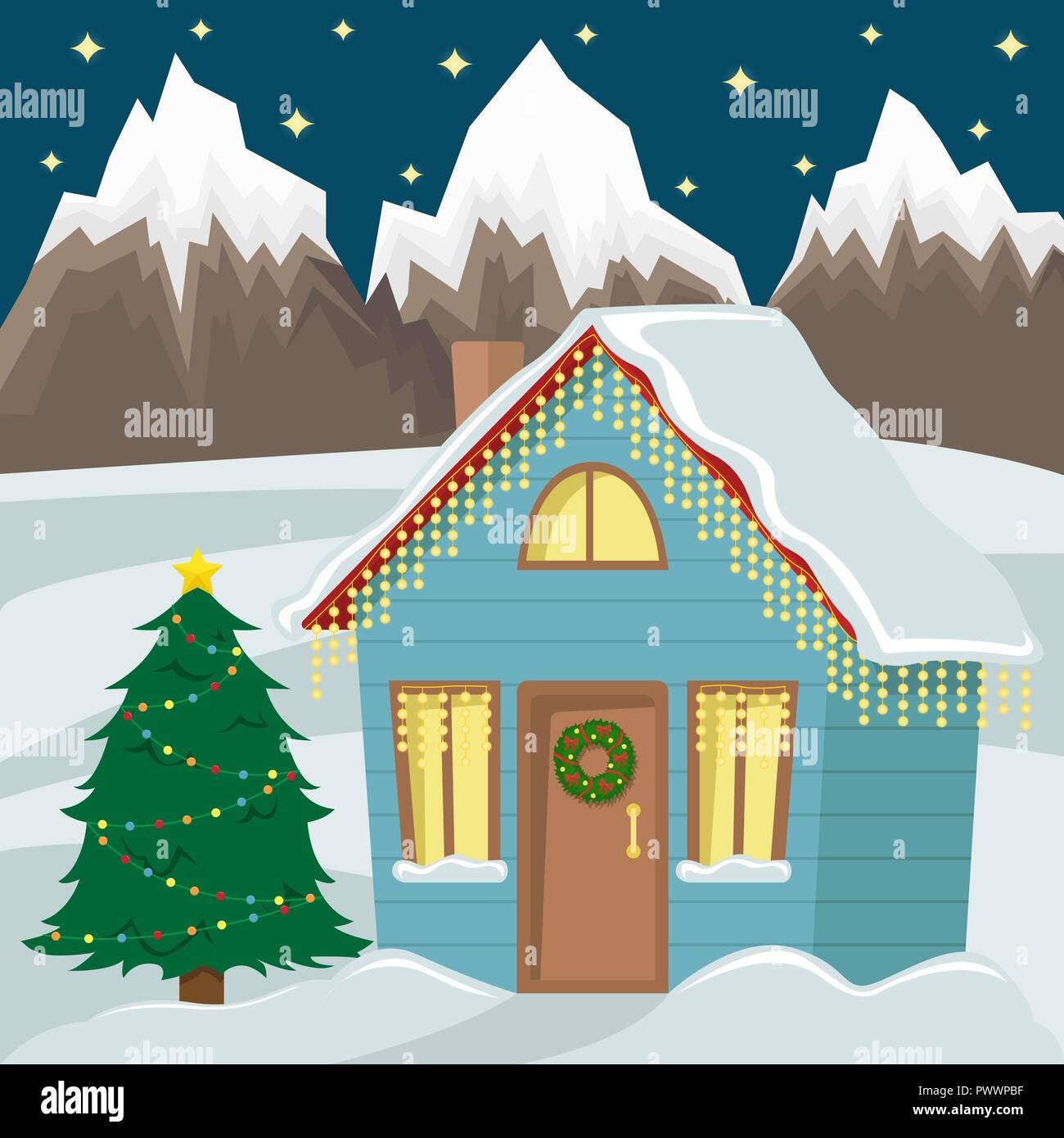 Country cottage decorated with Christmas garland. Flat vector ...