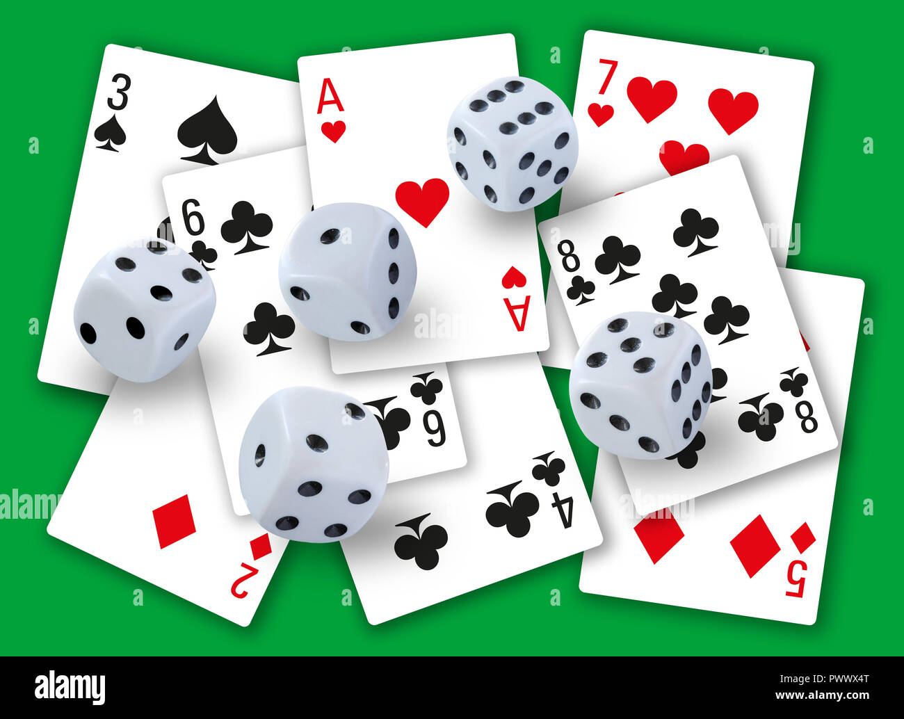 Gamble with dices rolling and different playing cards clubs, diamonds ...