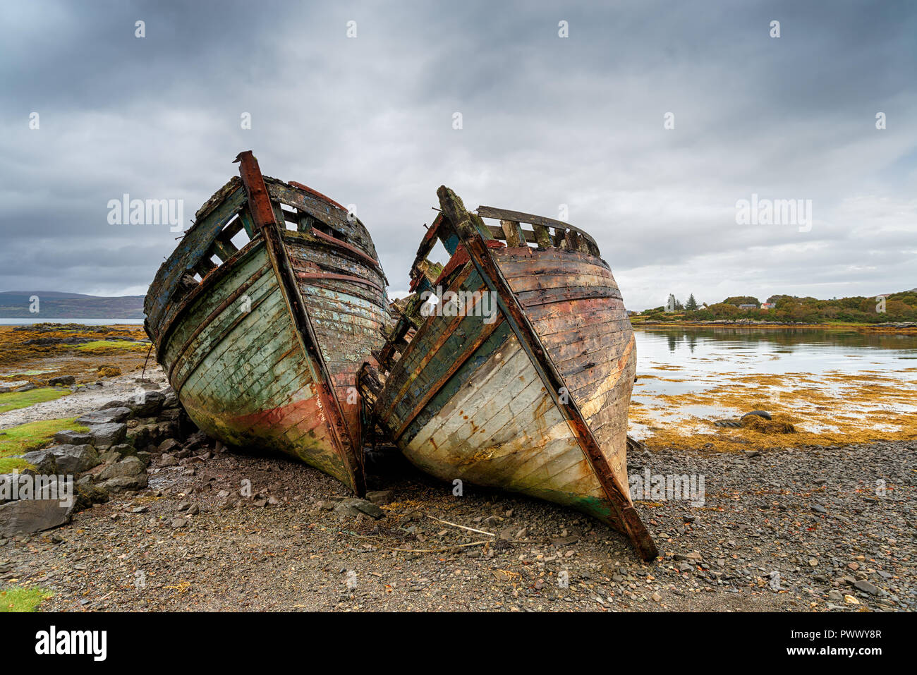 Old boats on the shore at Salen on the Isle of Mull in Scotland Stock ...