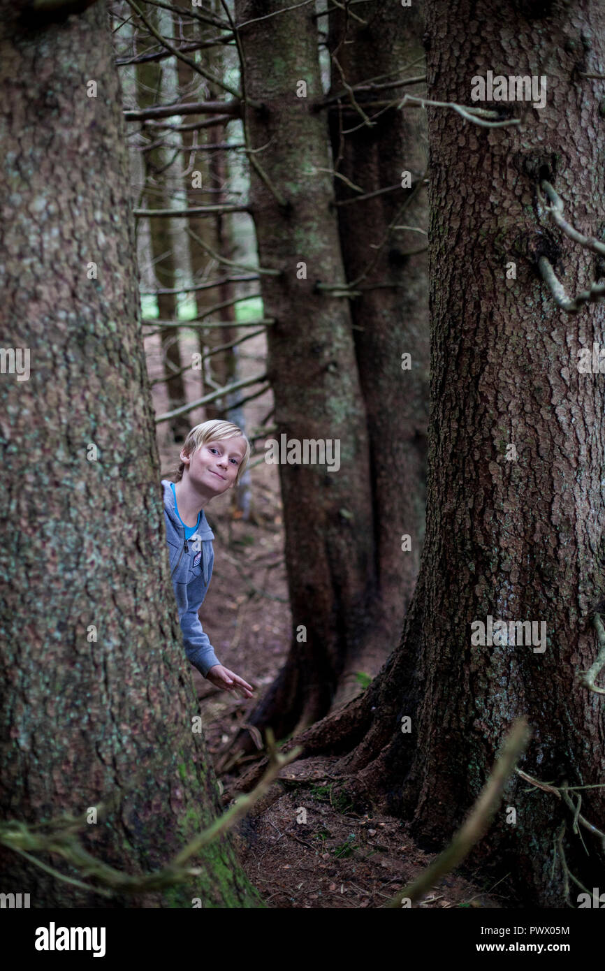 Boy hiding behind tree in hi-res stock photography and images - Alamy