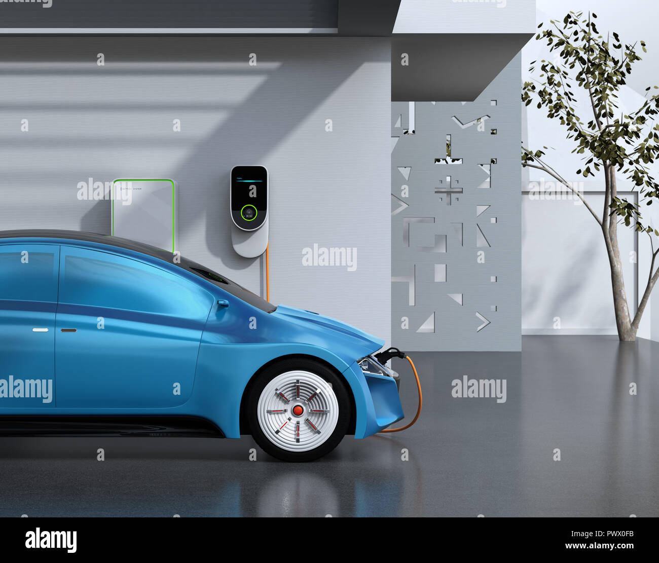 Blue Electric vehicle recharging in garage. 3D rendering image Stock ...