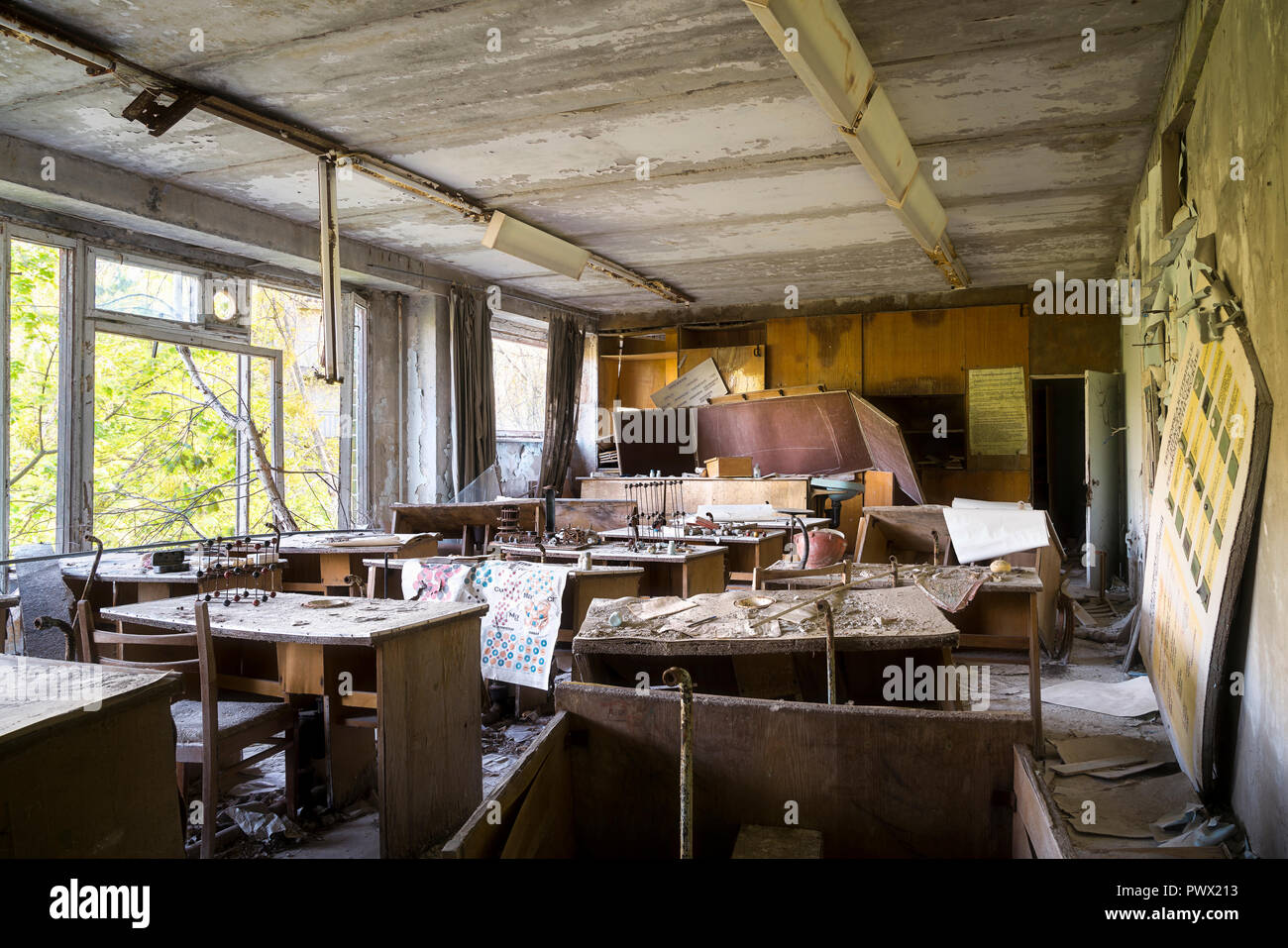 Interior view of a music classroom in an abandoned school in Chernobyl ...