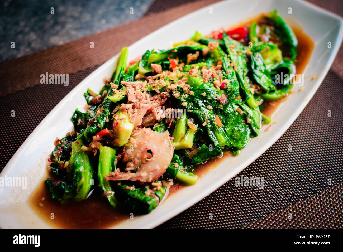 thai Stir-fried fresh baby kailan with prawn, garlic and oyster sauce ...