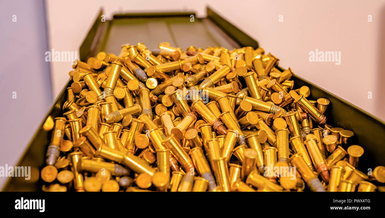 Reflective golden bullets on an open metal box Stock Photo - Alamy