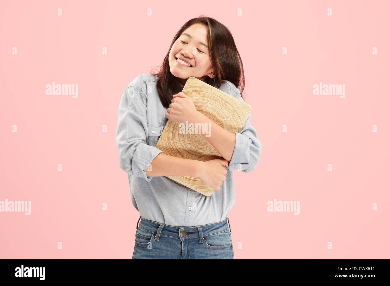 Businesswoman hugging laptop. Love to computer concept. Attractive ...