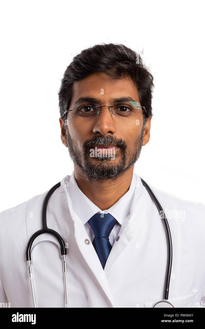 Indian man medic portrait wearing eyeglasses or spectacles isolated on ...
