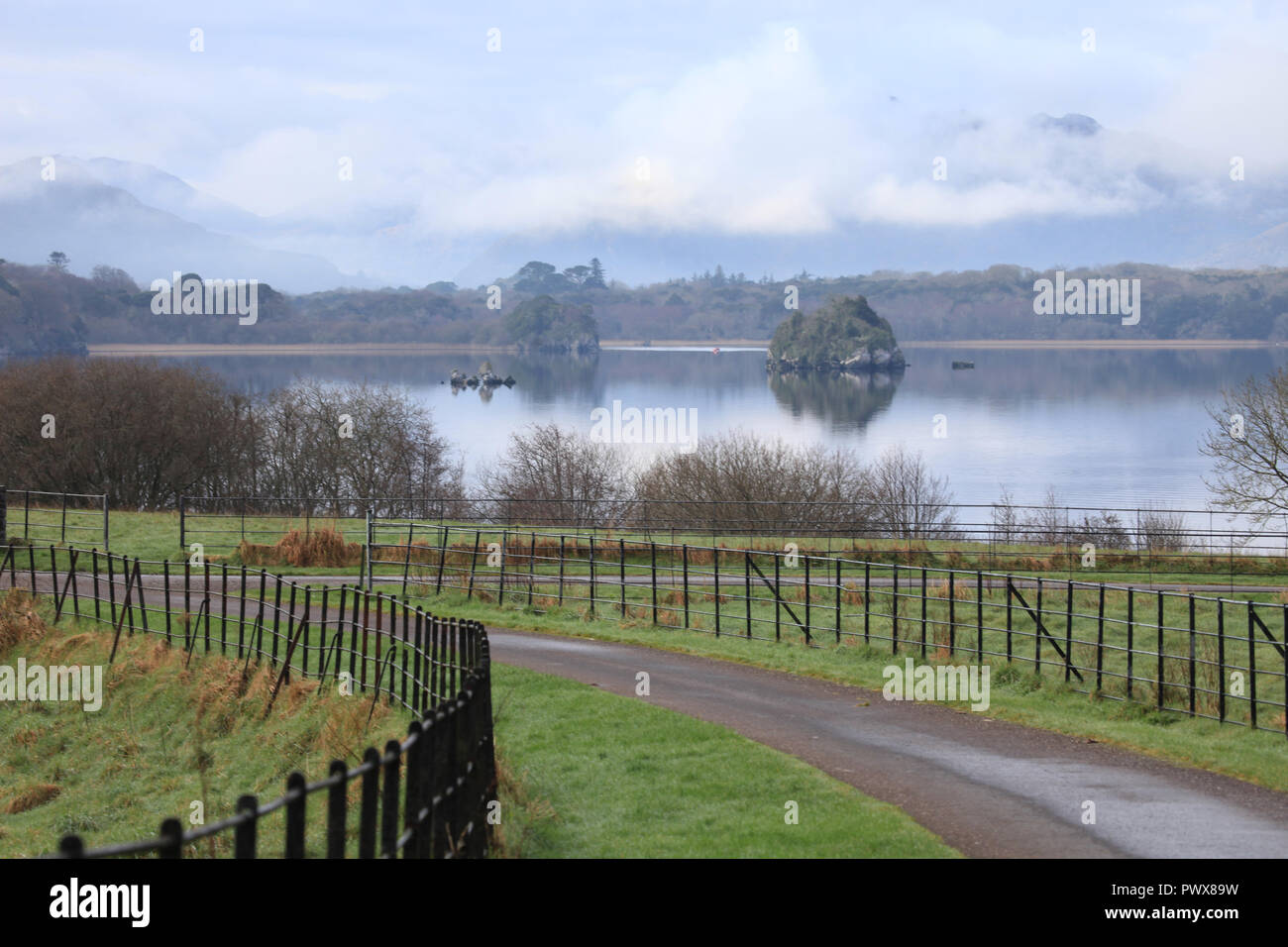 calm lake waters reflecting the surrounding landscape, killarney ...
