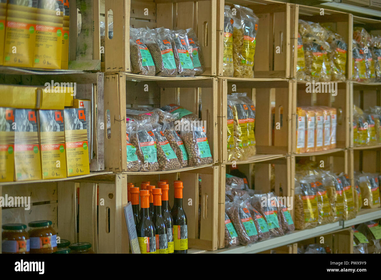 view of a typical organic food store in italy, zero-kilometer food ...
