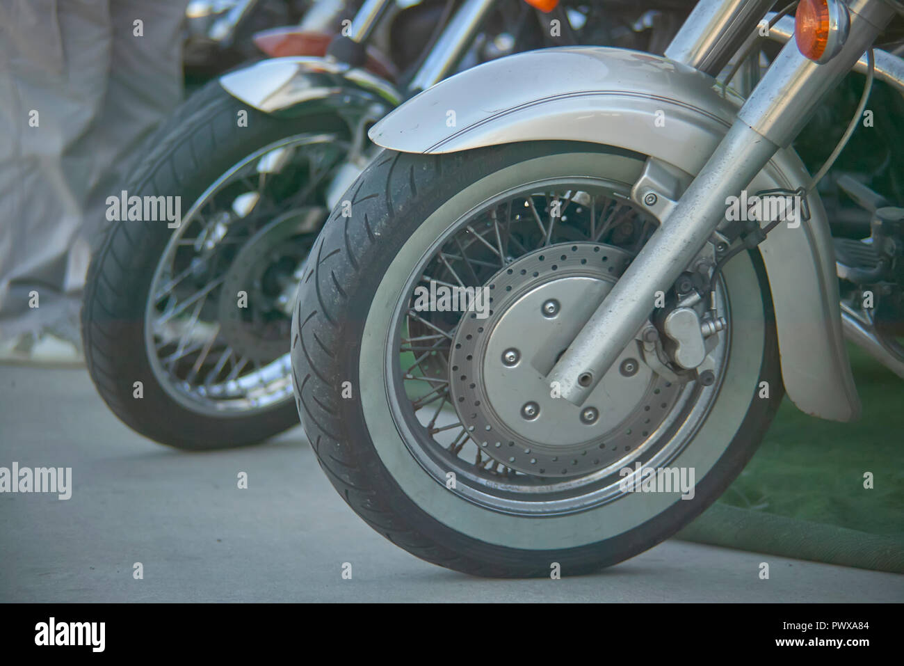 detail of a wheel of a vintage motorcycle with well visible disc brake ...