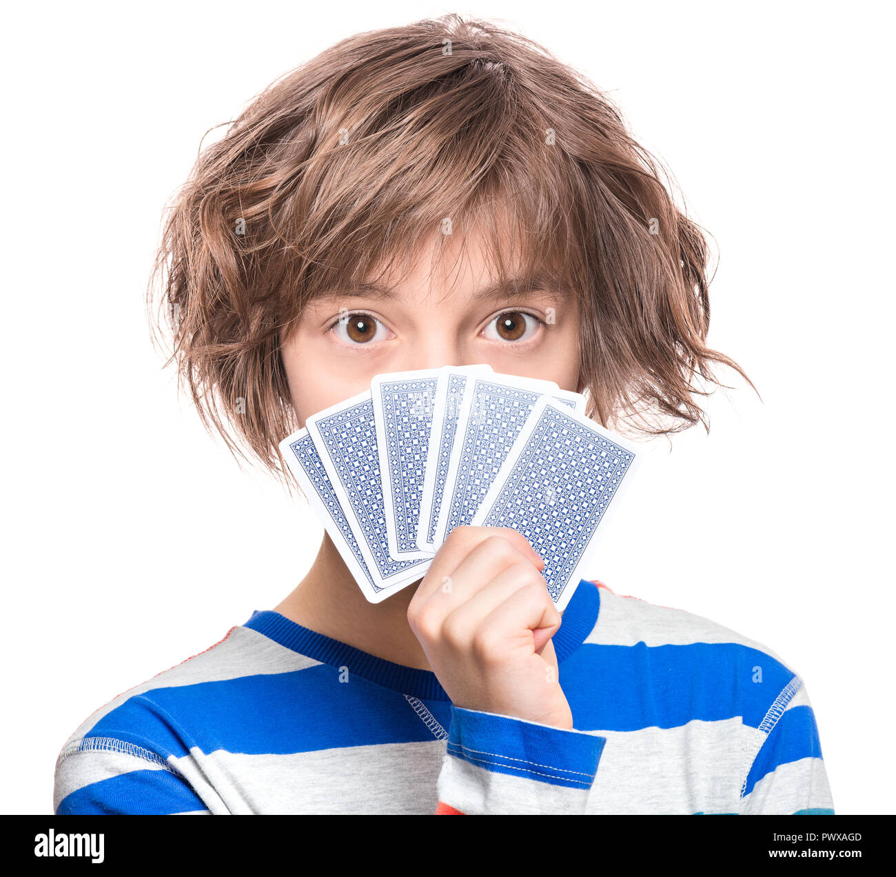 Close up portrait of caucasian teen girl with gamble cards. Child ...