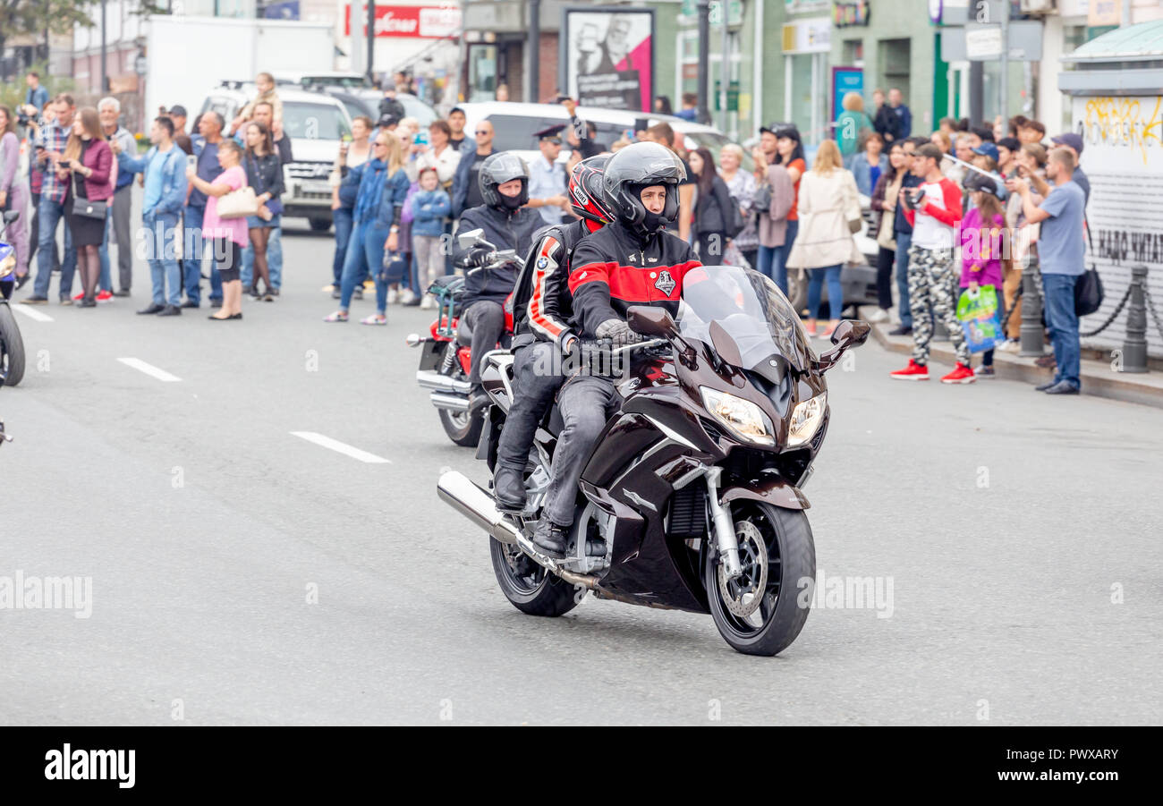 Russia, Vladivostok, 10/06/2018. Biker rides the bike (motorcycle) in ...
