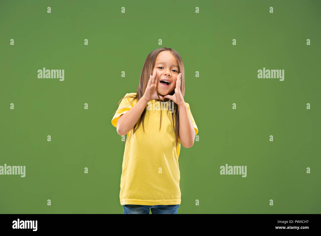 Do not miss. Young casual teen girl shouting. Shout. Crying emotional ...