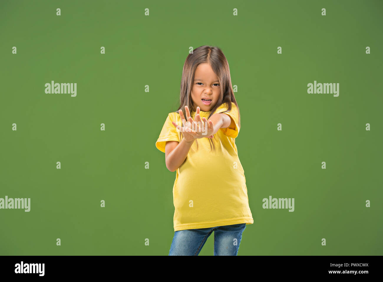 Reject, rejection, doubt concept. Young emotional teen girl at studio ...