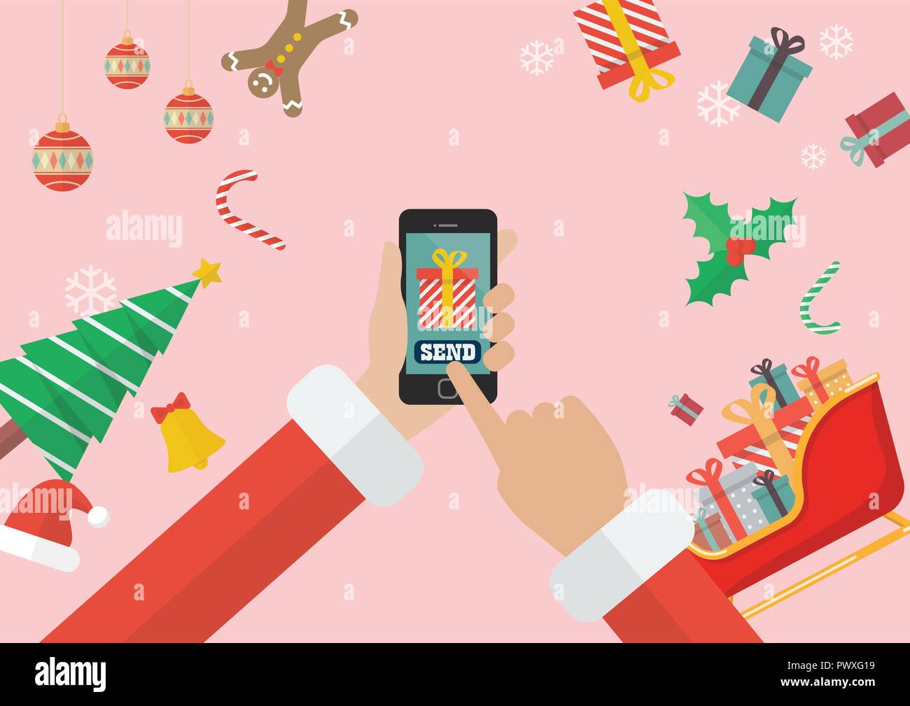 Santa Claus sending gift using smartphone with decorations and gift ...