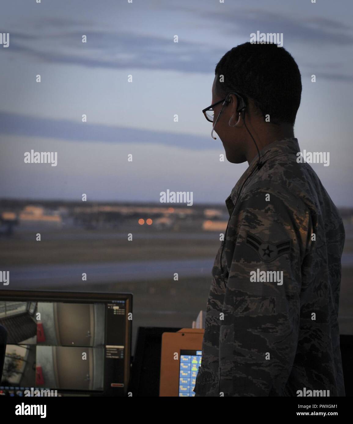Airman 1st Class Malcolm Blair, 5th Operations Support Squadron air traffic control apprentice ...