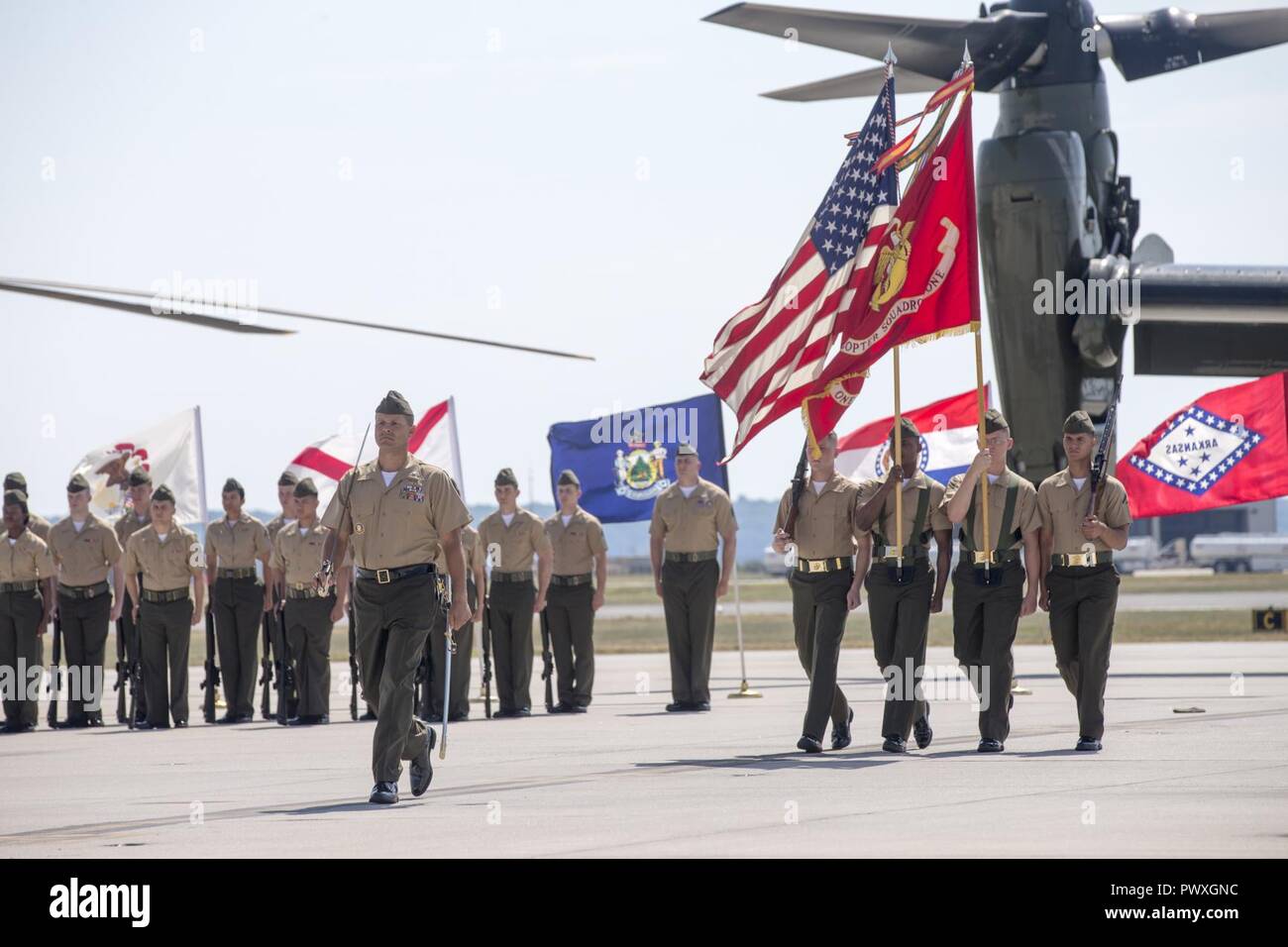 U.S. Marines march during a change of command ceremony for Helicopter ...