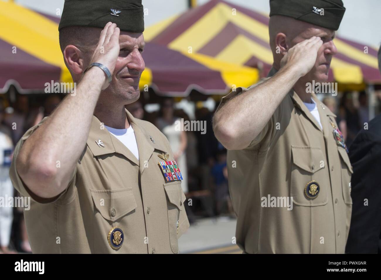 U.S. Marine Corps Col. Garrett R. Hoffman, left, incoming company ...