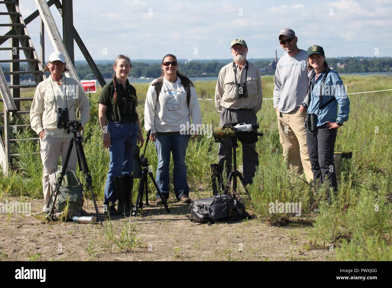 Piping Plover banding crew (L to R) Mary Birdsong, shorebird monitor ...