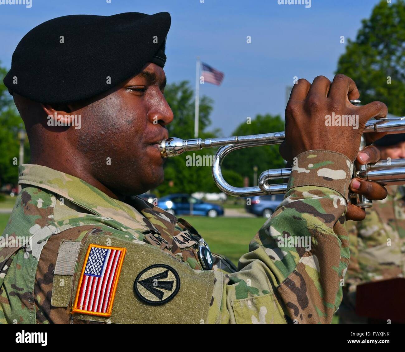 U.S. Army 1st Lt. Glendon Sanders plays the trumpet during the Military ...
