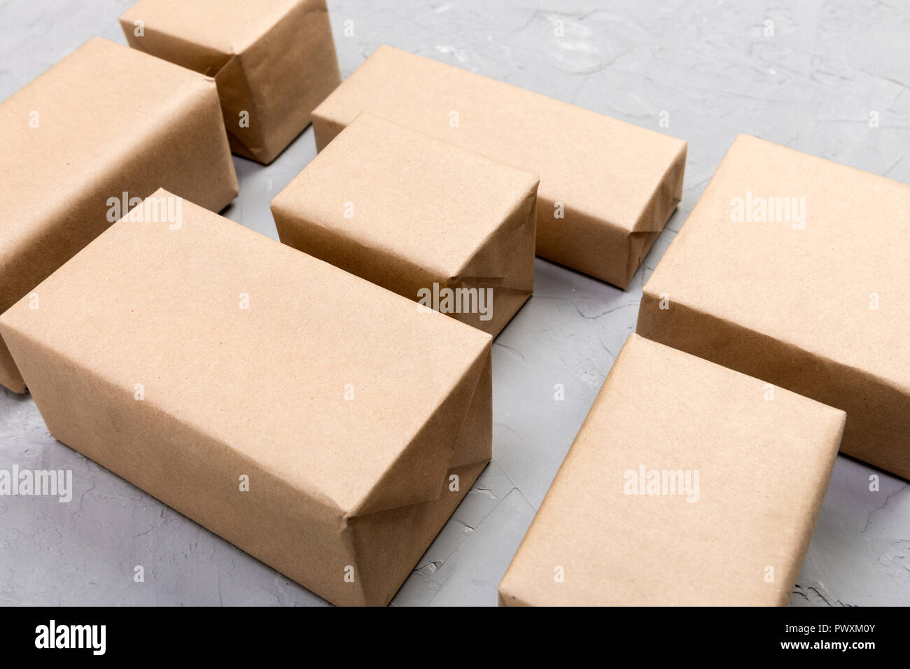 a lot of cardboard box on gray cement background. top view Stock Photo ...