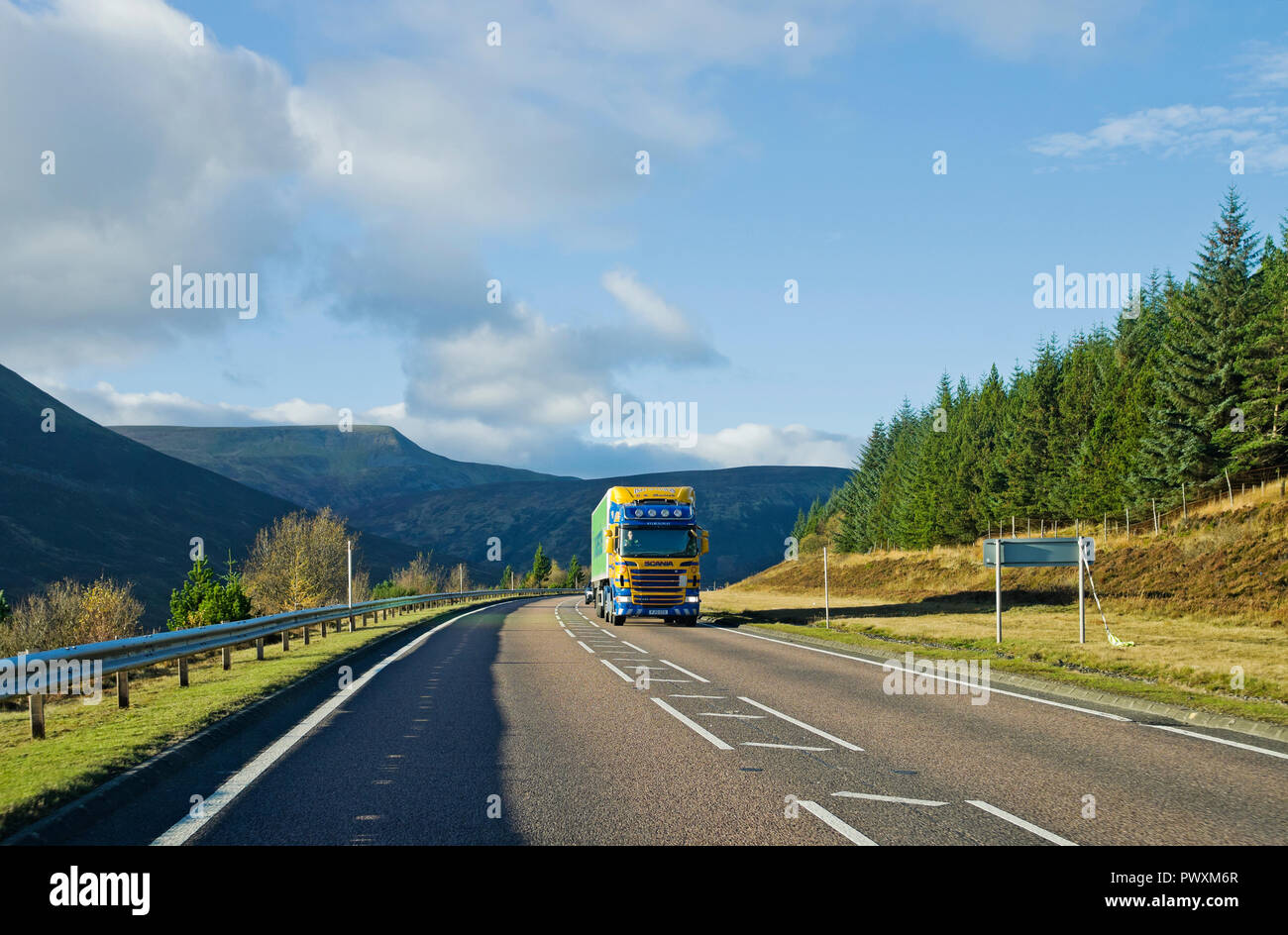 HGV lorry travelling on A9 trunk road near the summit of Drumochter ...