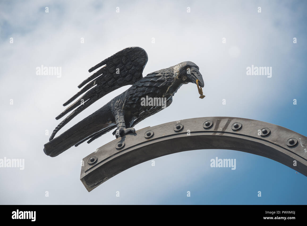Budapest, Hungary - 5 august 2018: crow statue with gold ring at the ...