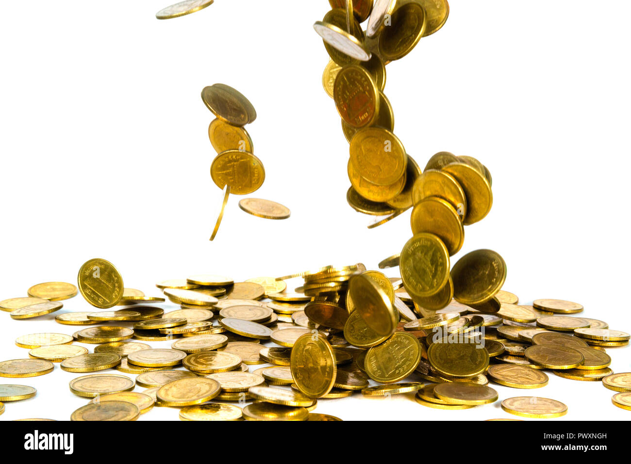 Falling gold coin, flying coin, rain money isolated on white background ...
