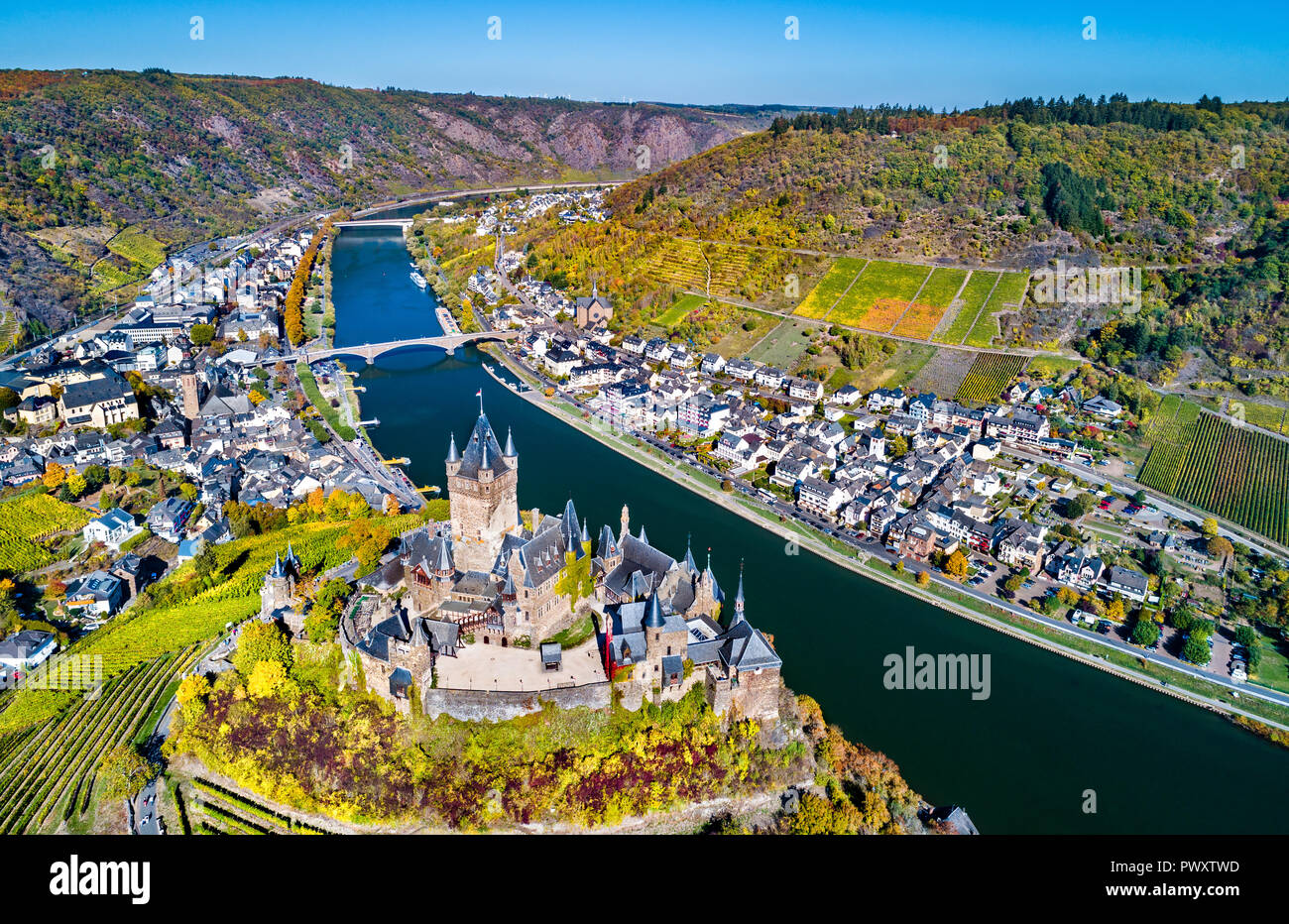 Aerial view of Reichsburg Cochem, a famous castle in Germany Stock ...