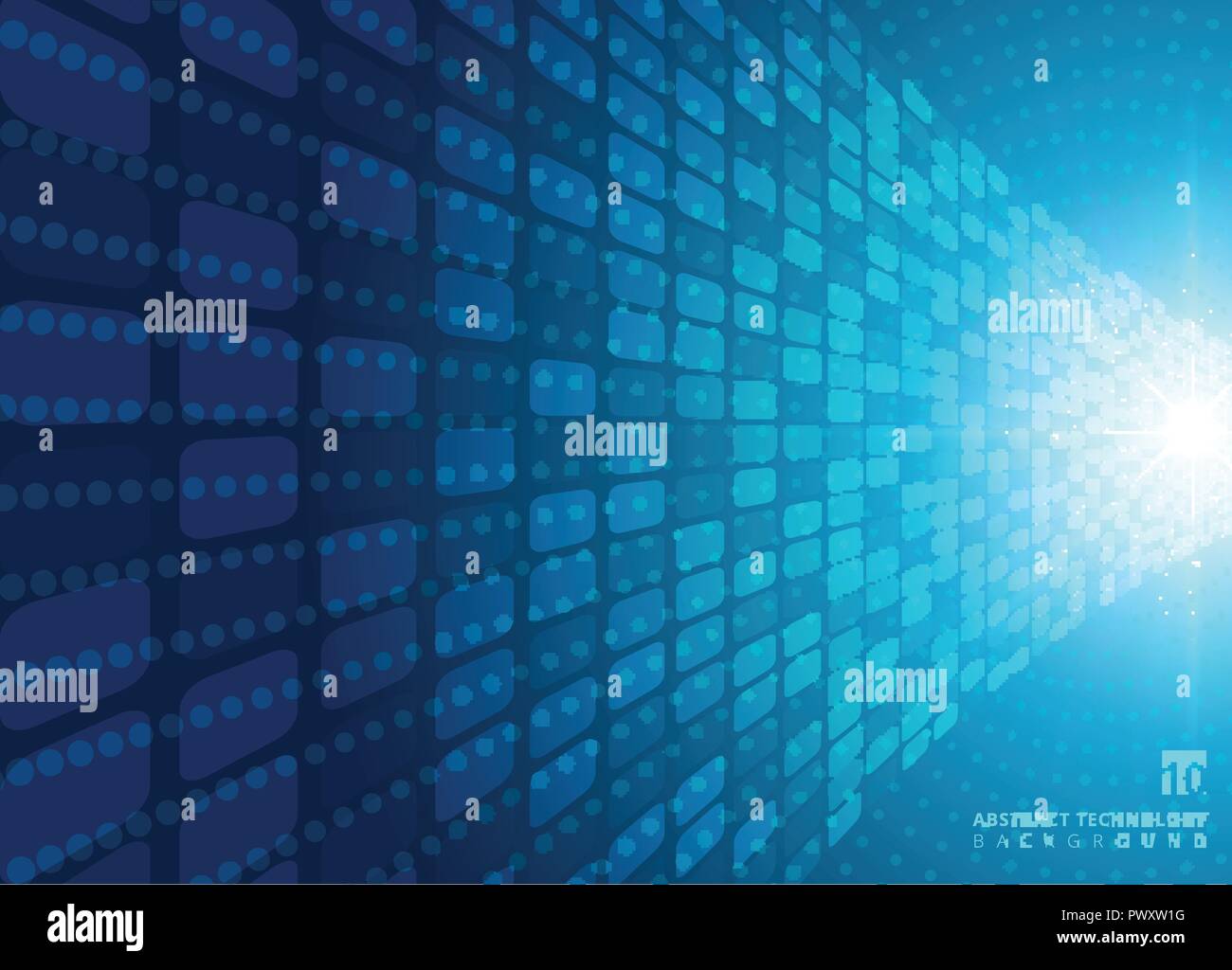 Abstract technology concept with blue neon radial light burst effect blue squares pattern ...