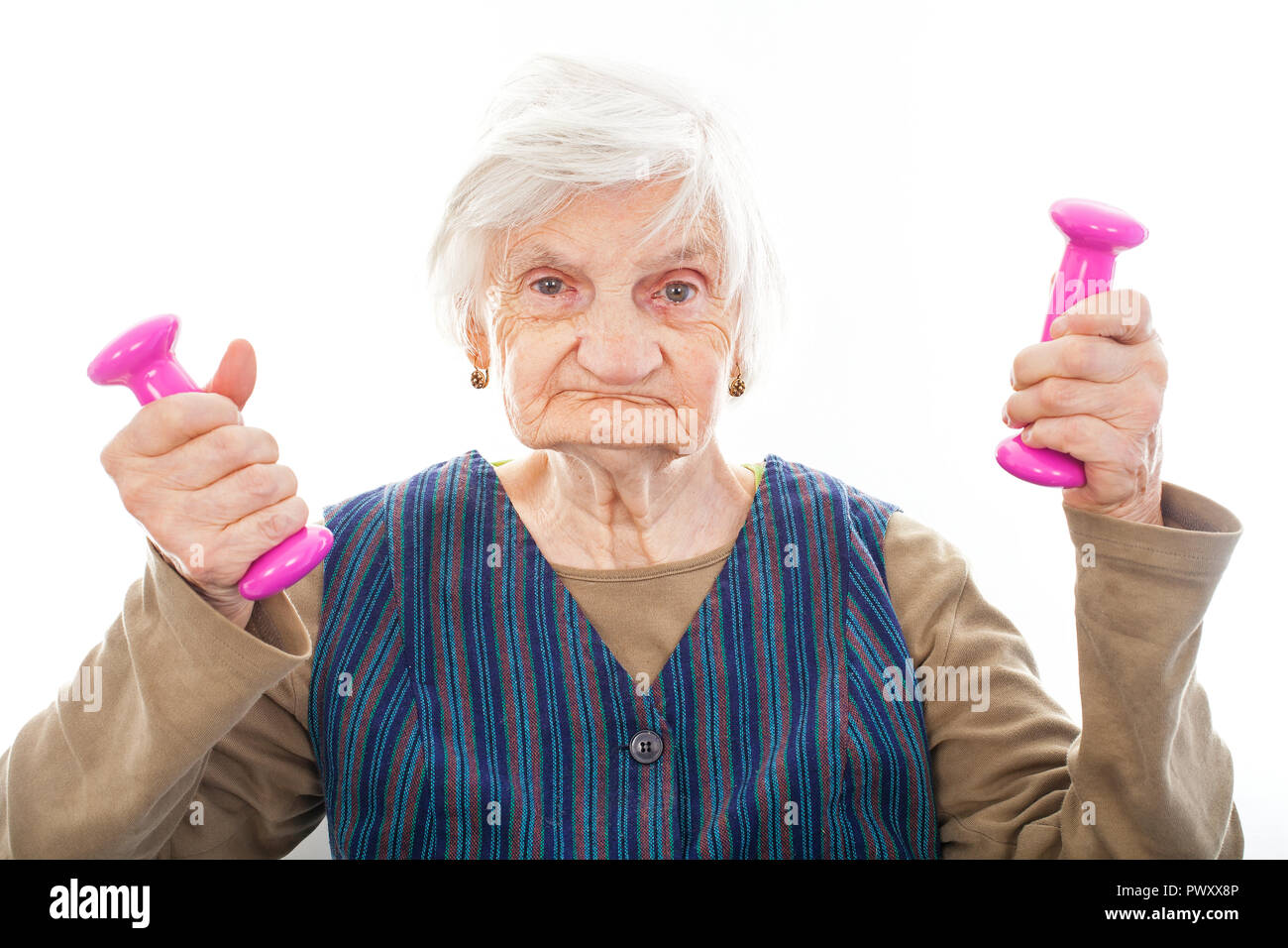Close up picture of old disabled lady holding dumbell on isolated ...