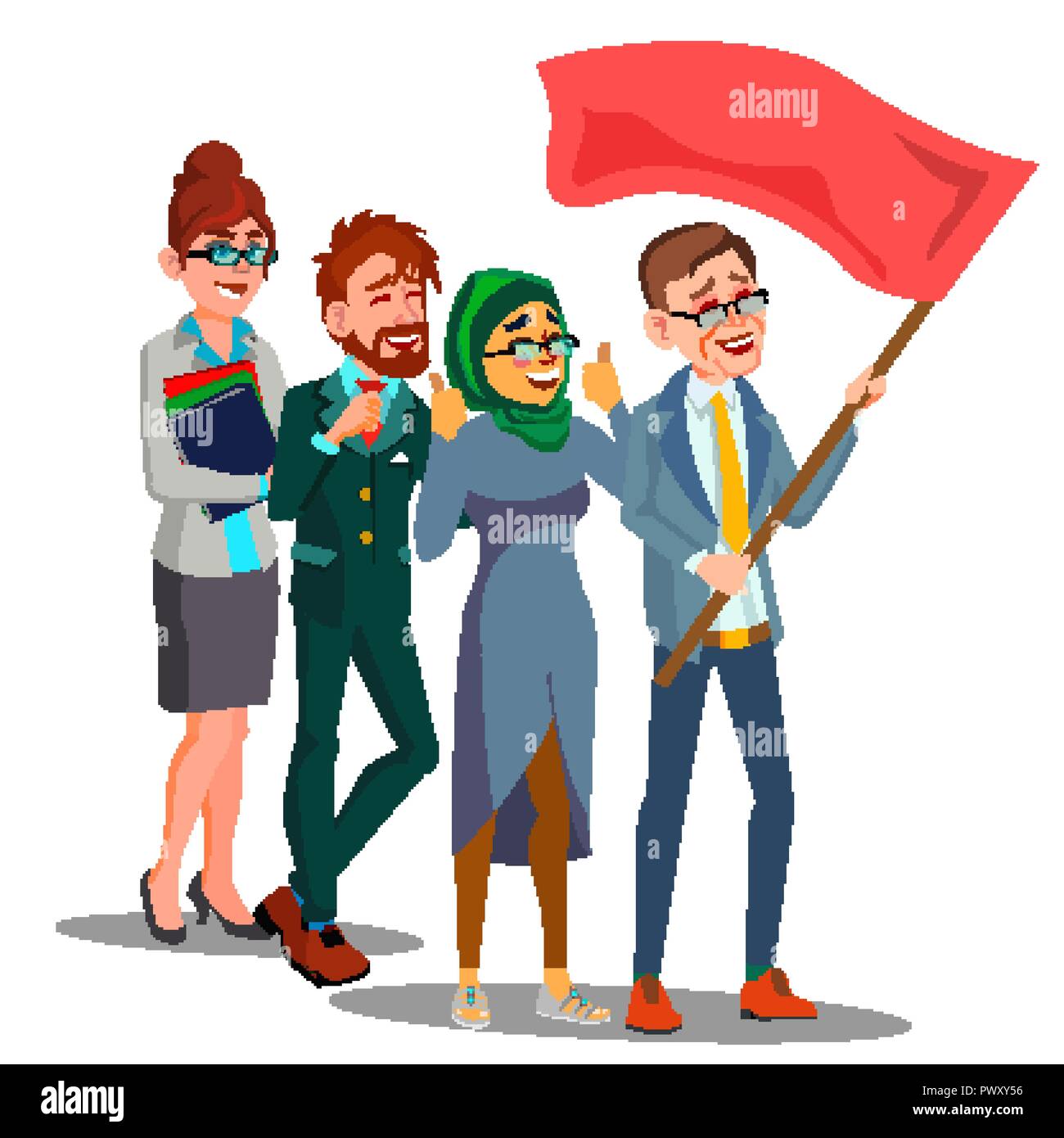 Office Staff Following The Leader Carrying Flag In Hand Vector ...