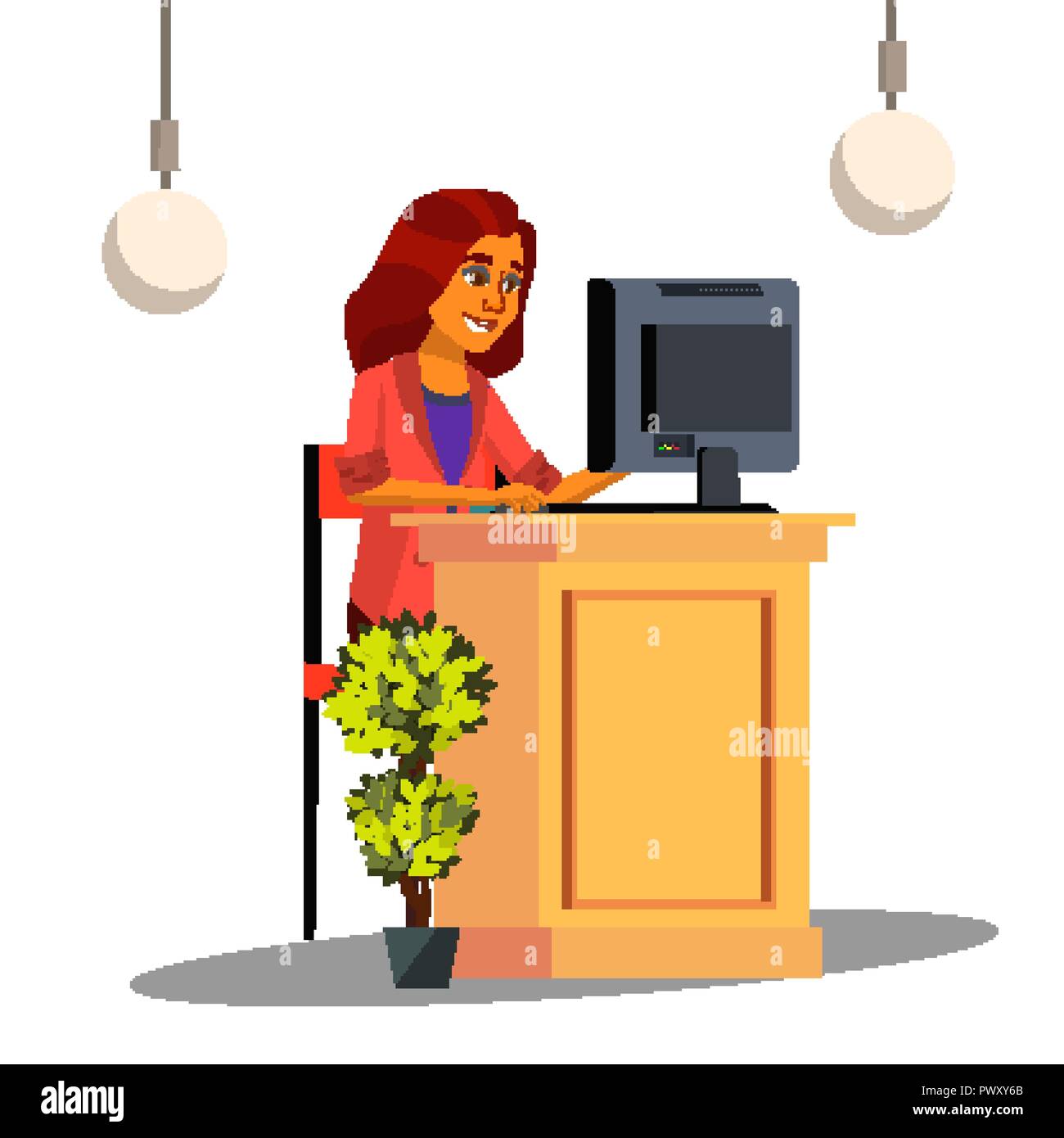 Reception, Cute Girl Behind The Desk Reception Vector. Isolated ...