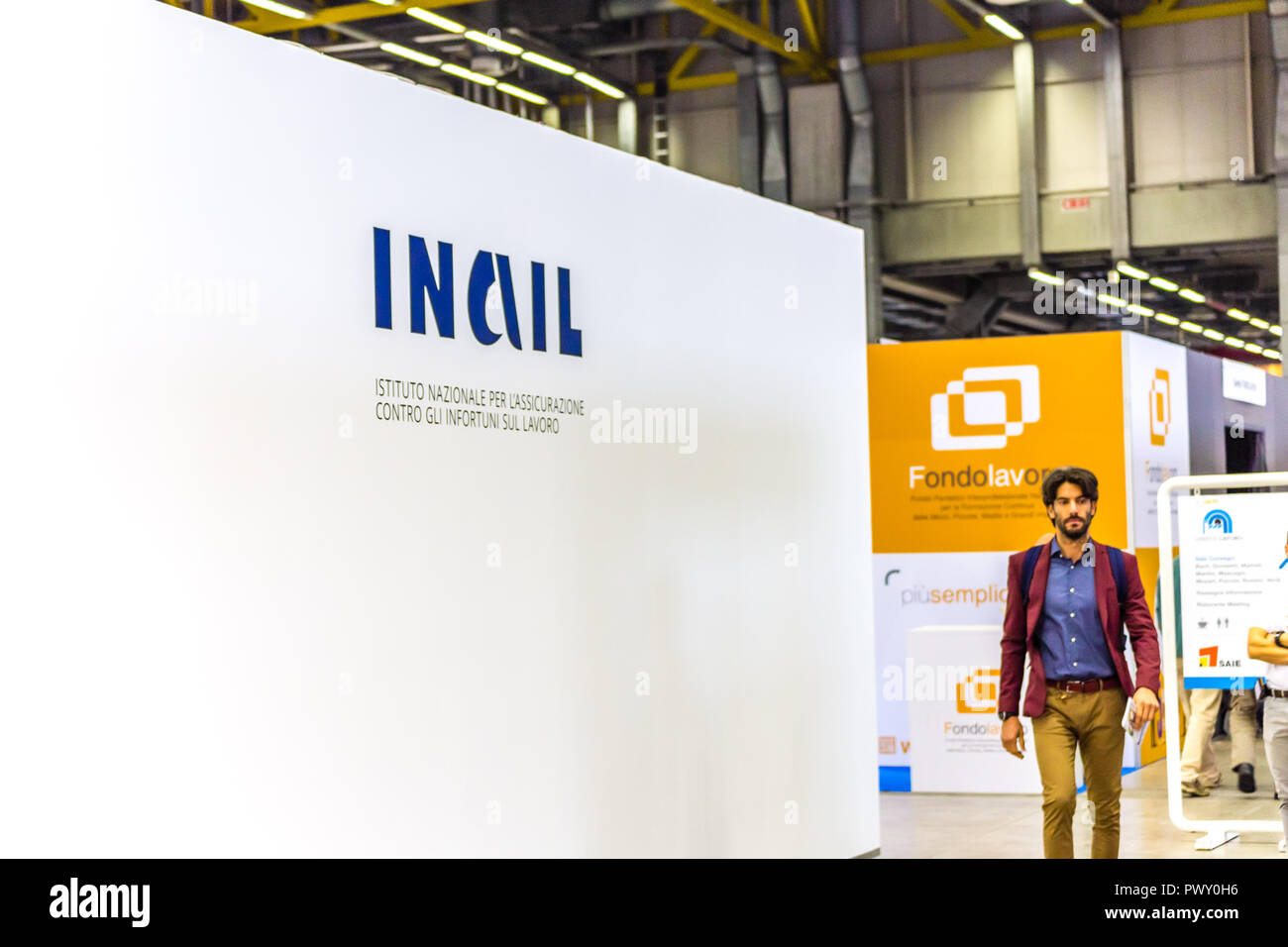 Bologna, Italy. 17th October, 2018. lights enlightening INAIL logo on ...