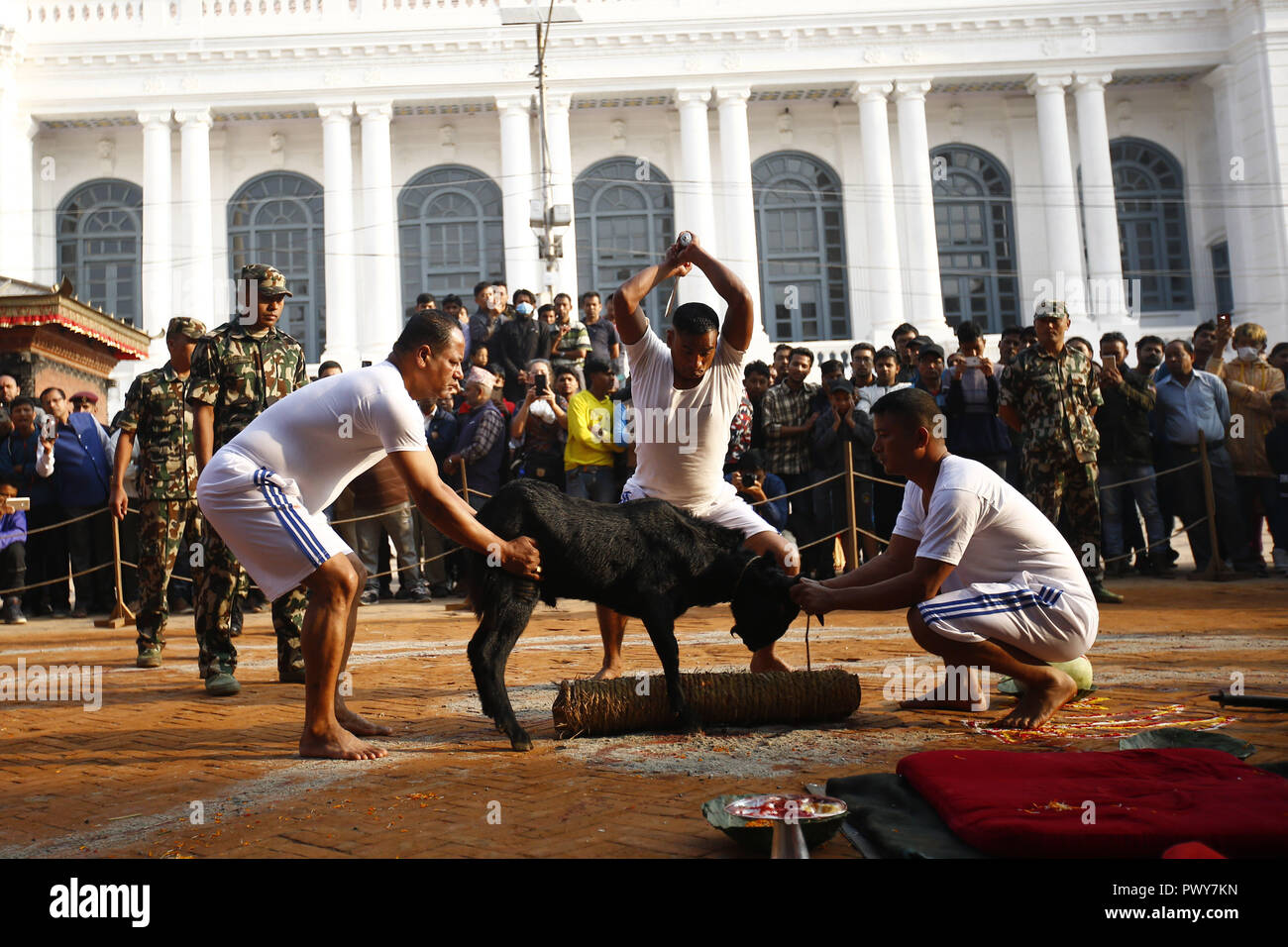 Kathmandu, Nepal. 18th Oct, 2018. Nepalese Army sacrifices a goat as ...