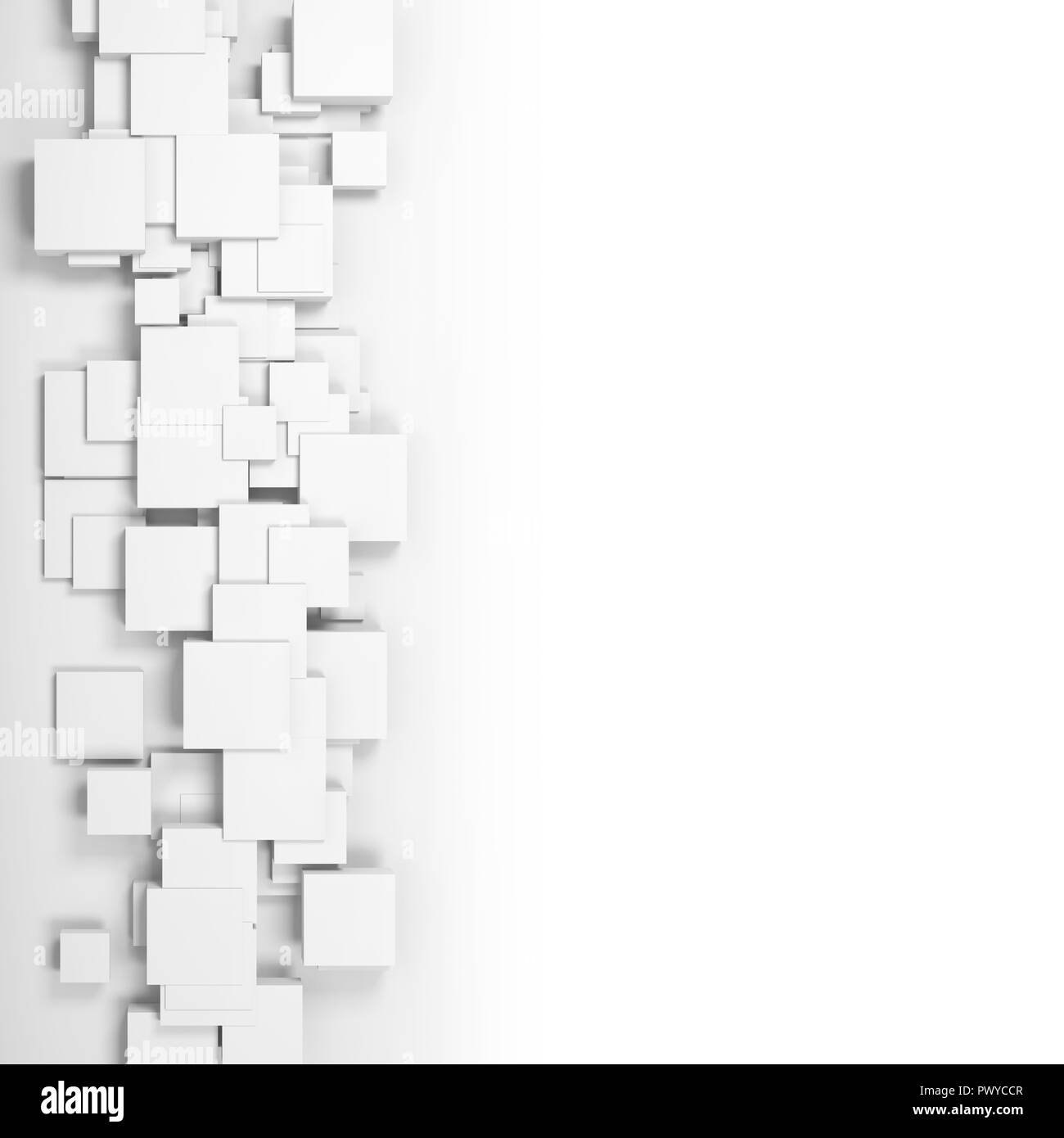 Abstract installation of random squares structure over white background ...