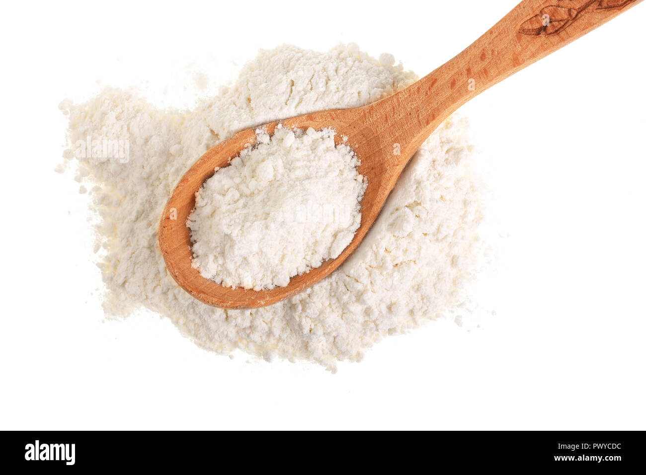 Pile of flour in wooden spoon isolated on white background. Top view ...