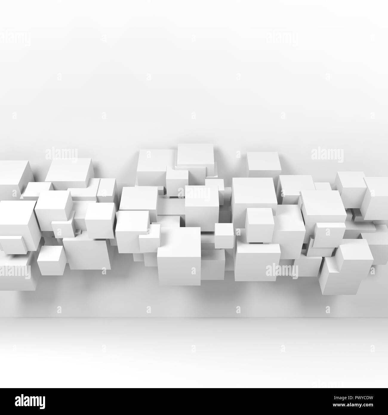 Installation of random cubes structure in empty room interior. Abstract ...